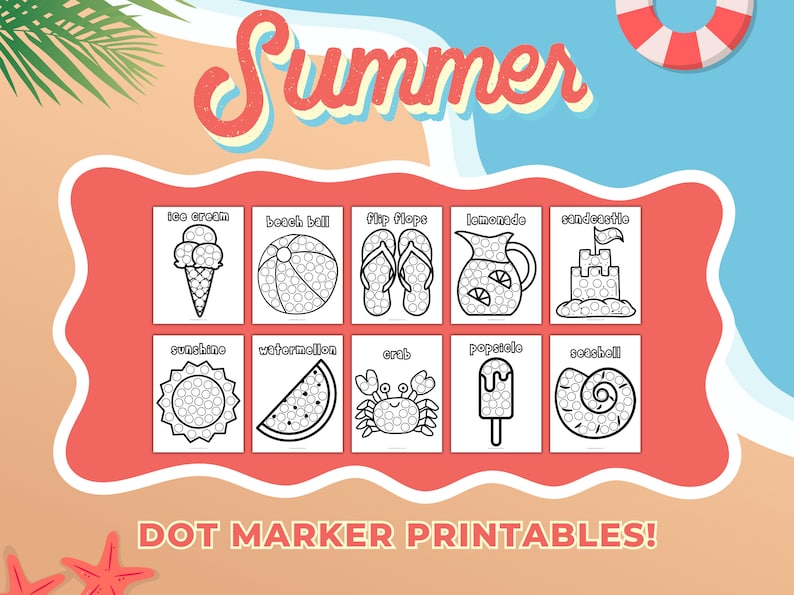 Summer Dot Marker Coloring Pages: Beach Bingo Dauber Printables (PDF ...