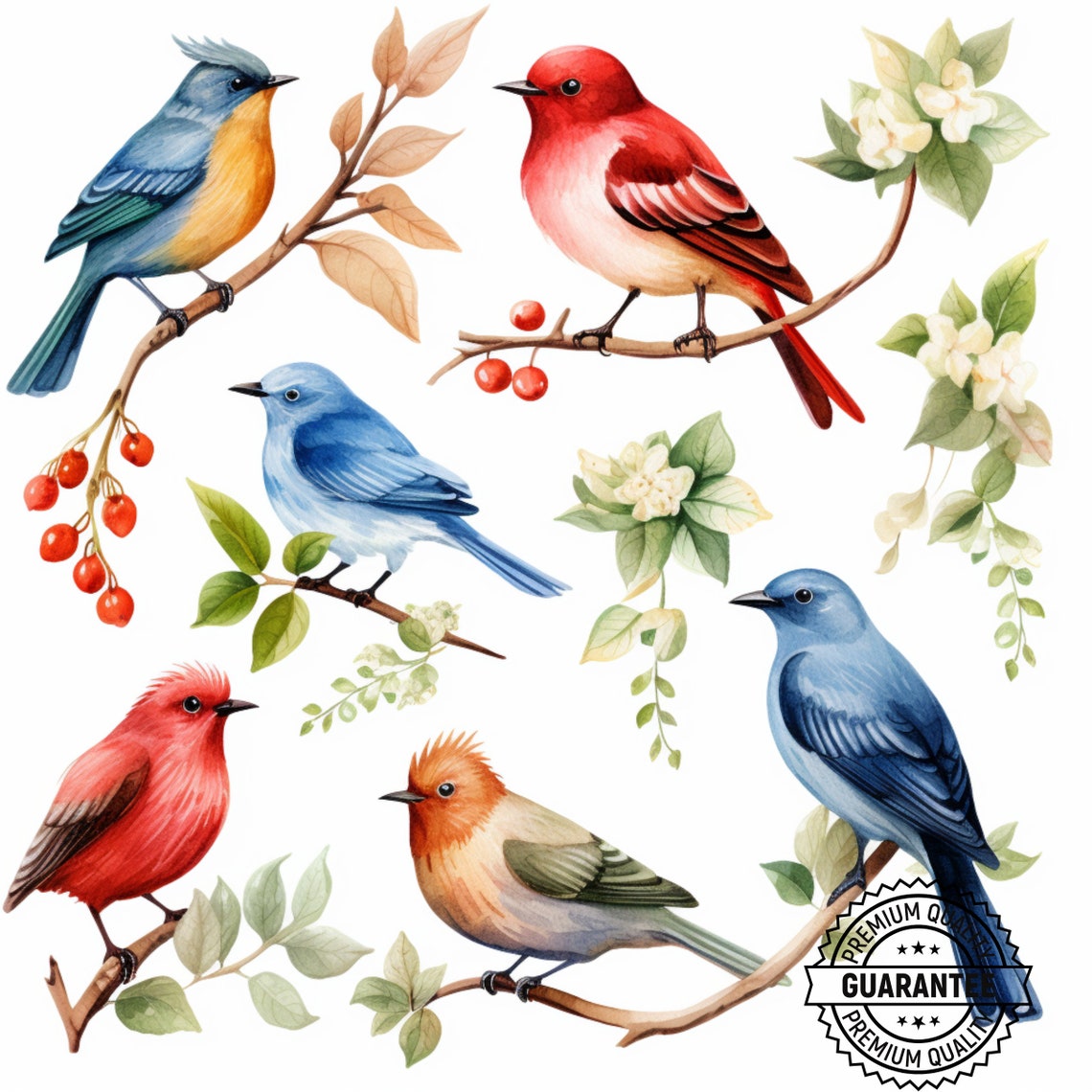 Colorful Woodland Birds Clipart Watercolor, Digital File, Printable ...