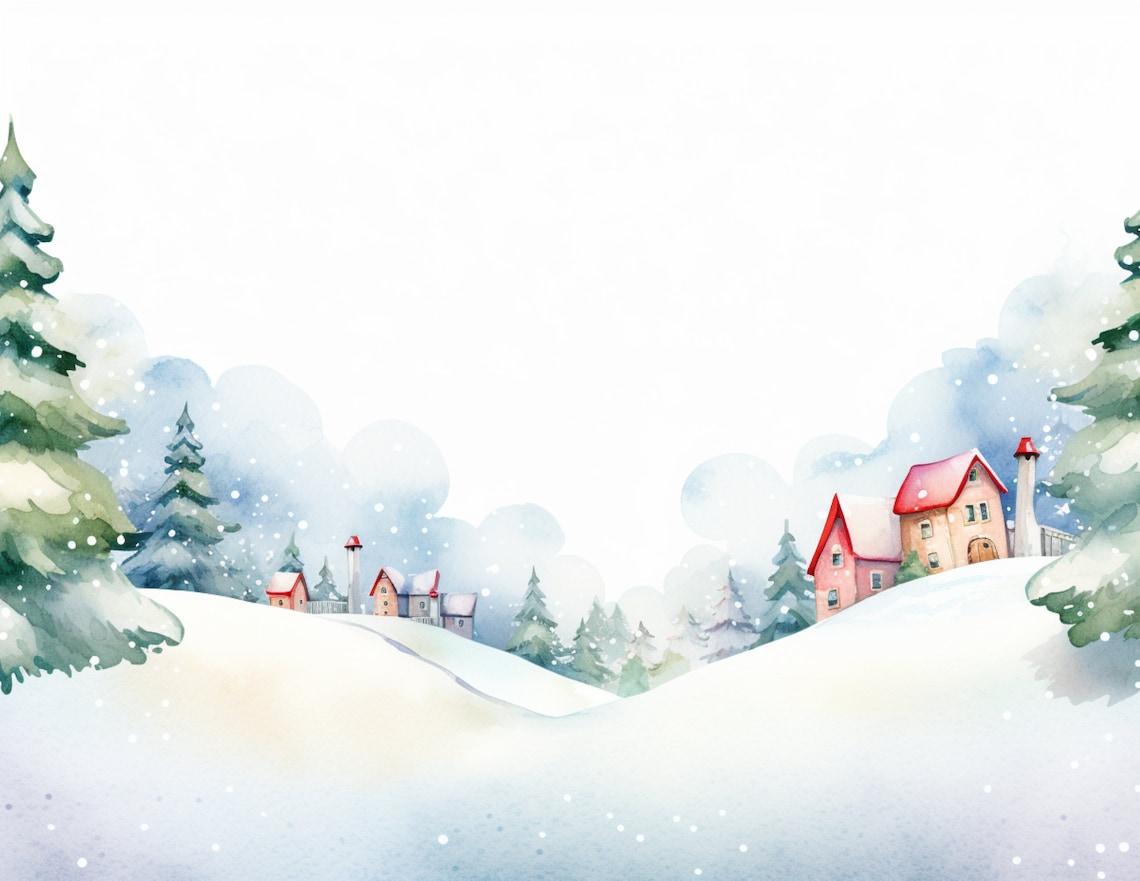 Quaint Watercolor Christmas Houses Digital Backgrounds Pastel Snowy ...