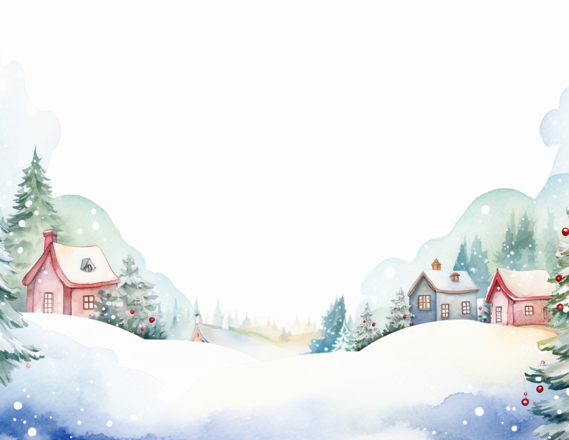 Quaint Watercolor Christmas Houses Digital Backgrounds Pastel Snowy ...