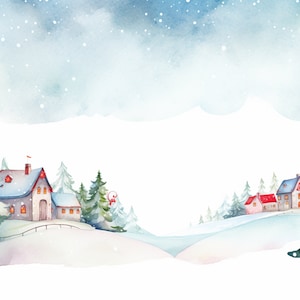 Quaint Watercolor Christmas Houses Digital Backgrounds - Pastel Snowy ...