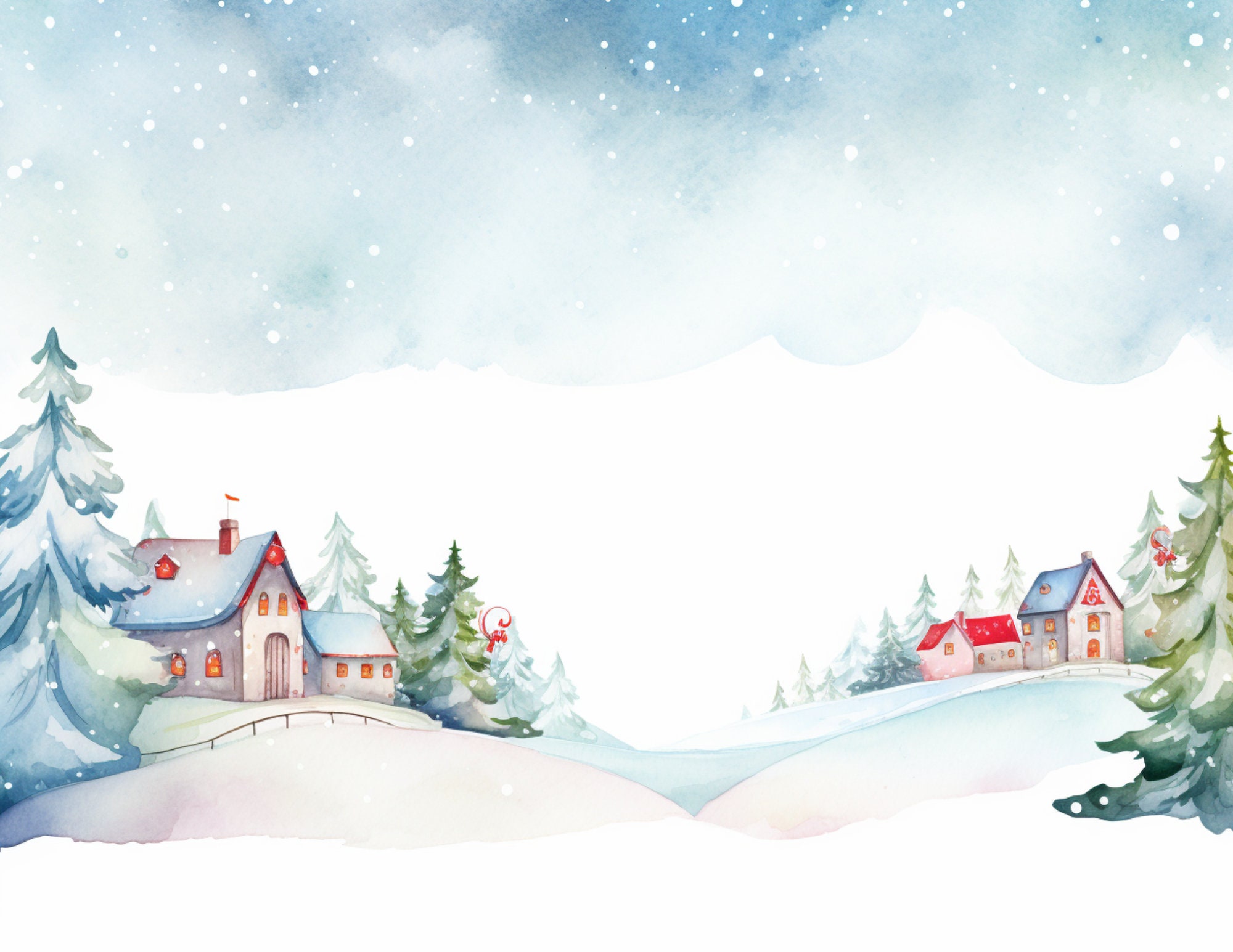 Quaint Watercolor Christmas Houses Digital Backgrounds - Pastel Snowy ...