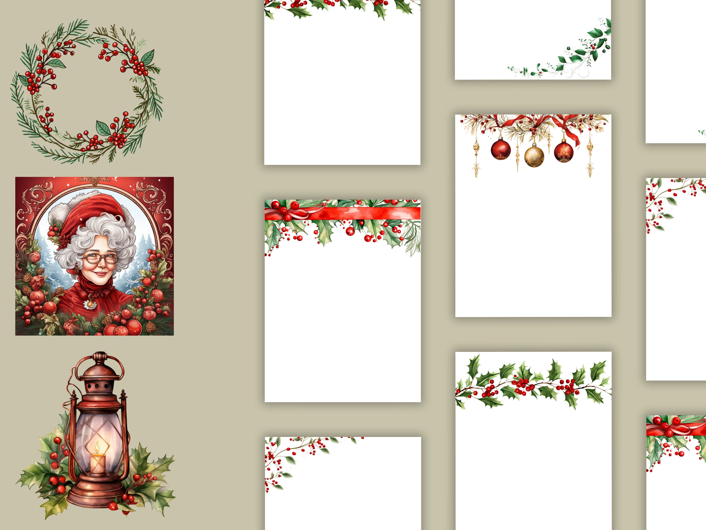 Festive Christmas Stationery Set - 5 Unique Designs and 10 Clipart ...