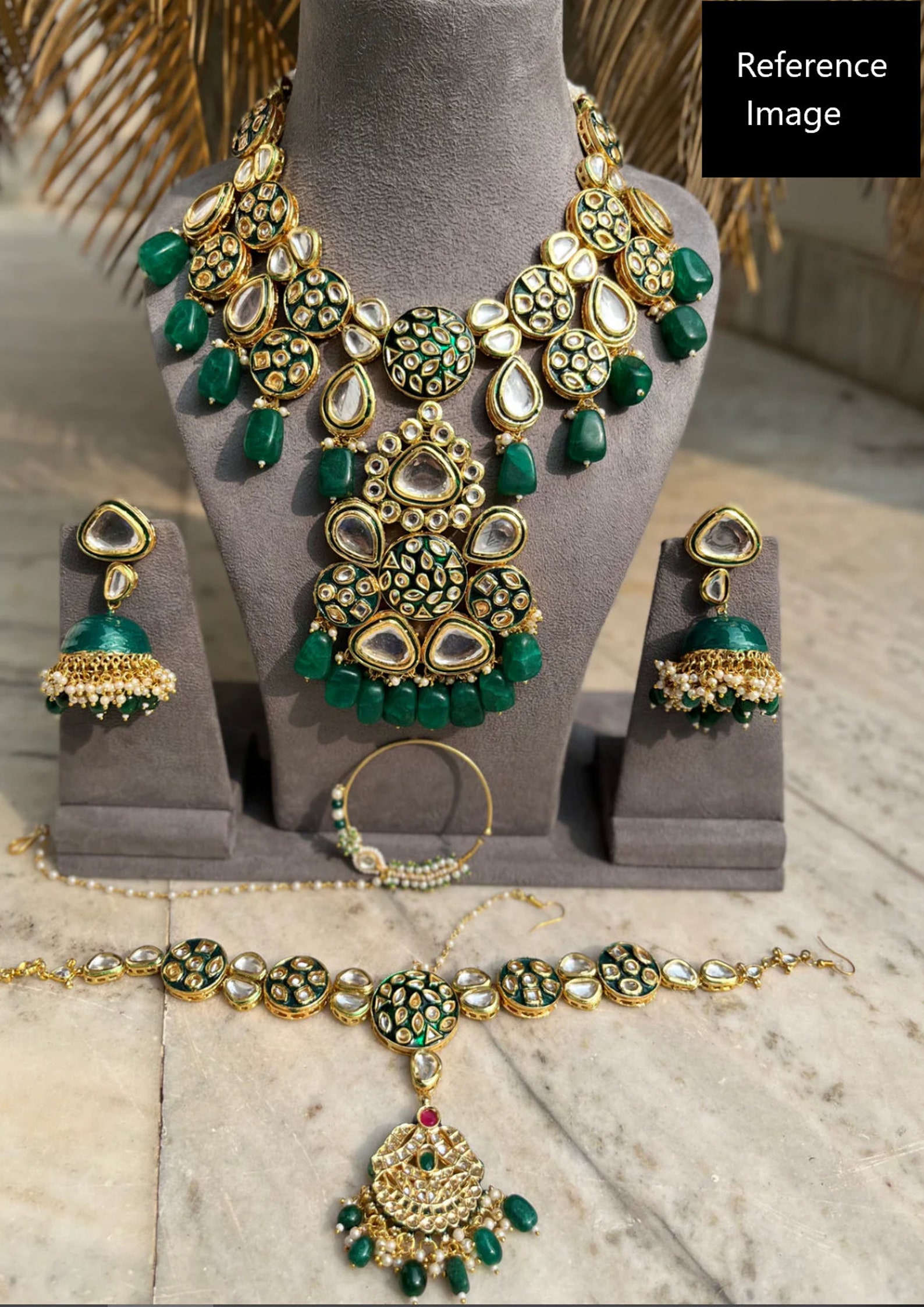 Emerald Green Gold Sabyasachi Inspired Kundan Bridal Necklace Set ...