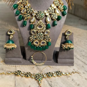 Emerald Green Gold Sabyasachi Inspired Kundan Bridal Necklace Set ...