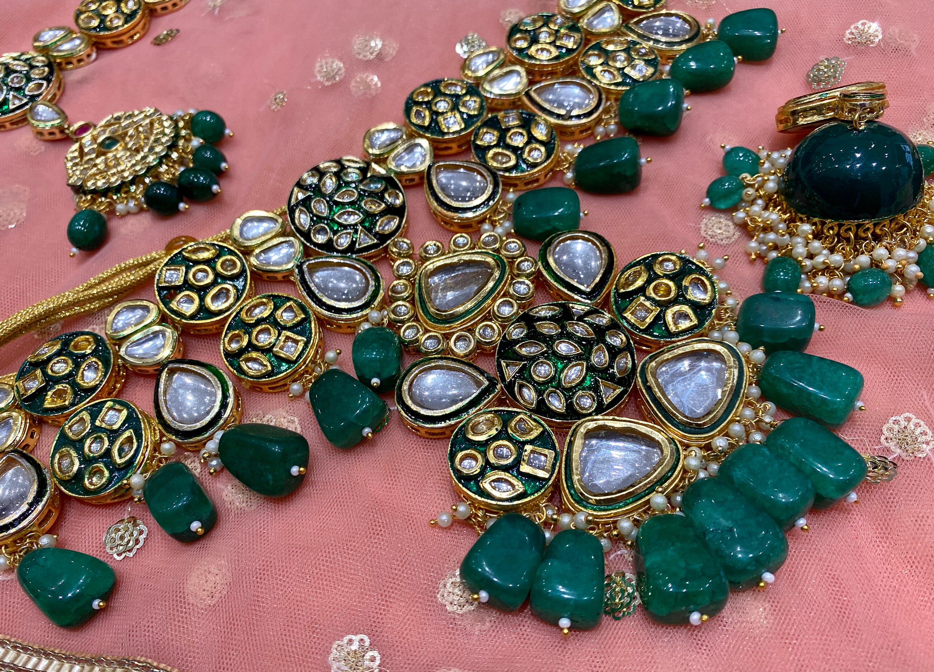 Emerald Green Gold Sabyasachi Inspired Kundan Bridal Necklace Set ...
