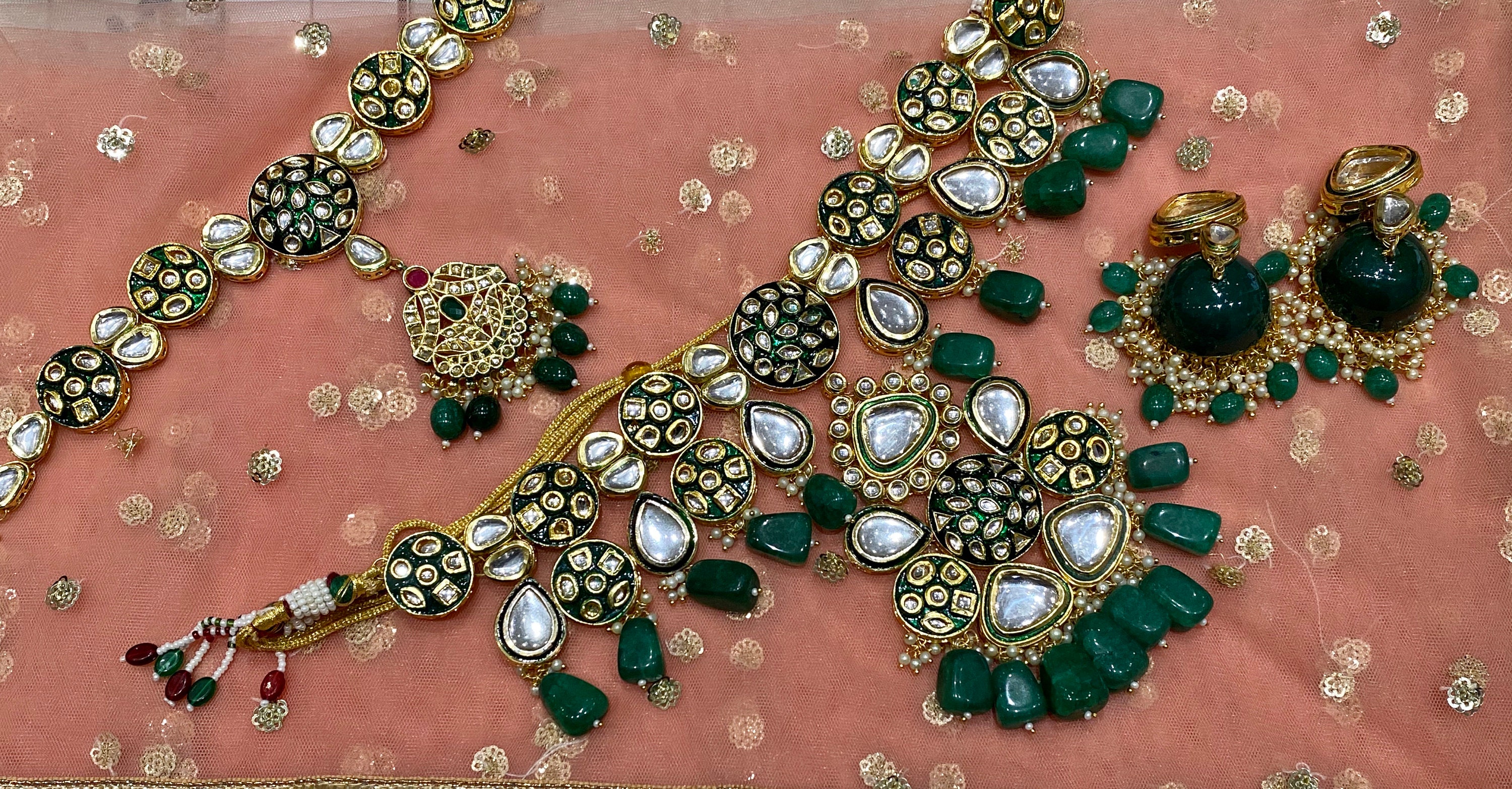 Emerald Green Gold Sabyasachi Inspired Kundan Bridal Necklace Set ...