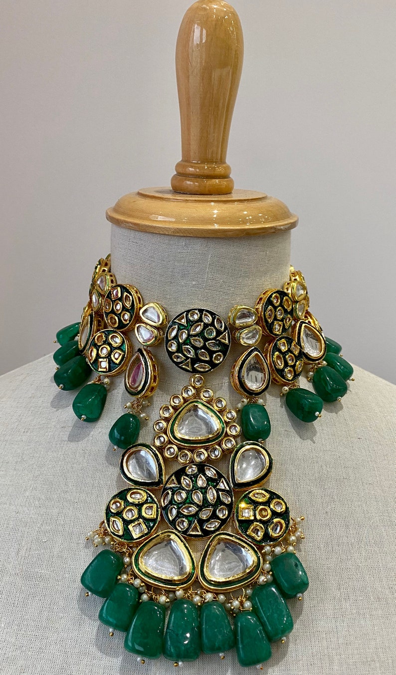 Emerald Green Gold Sabyasachi Inspired Kundan Bridal Necklace Set ...