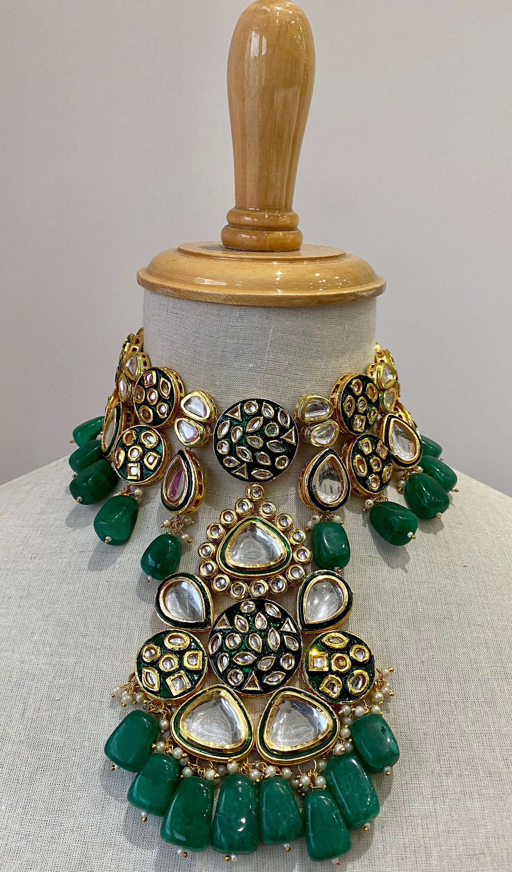 Emerald Green Gold Sabyasachi Inspired Kundan Bridal Necklace Set ...