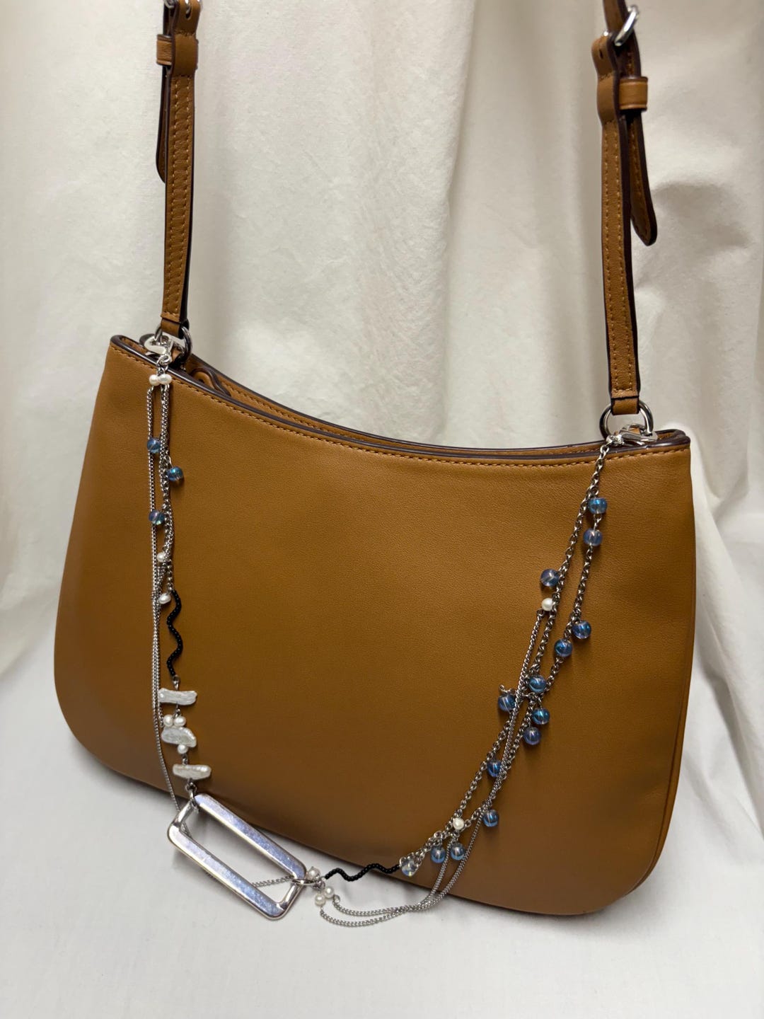 Blue and Black Silver Pearl Bag Charm Chain Made of Glass Beads and ...