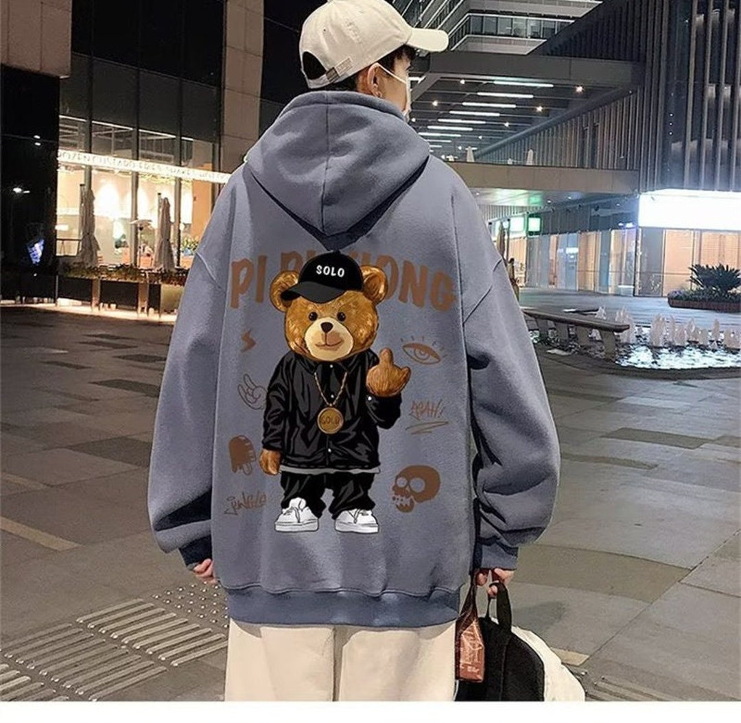 Middle Finger Bear Print Casual Hooded Sweatshirt for Men Japanese ...