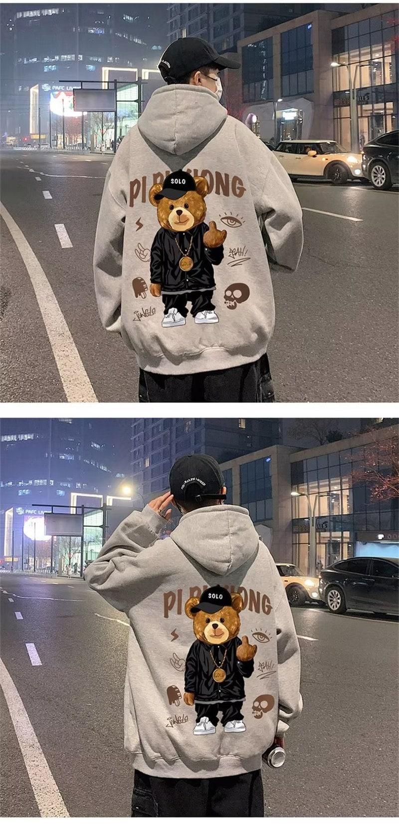 Middle Finger Bear Print Casual Hooded Sweatshirt for Men Japanese ...