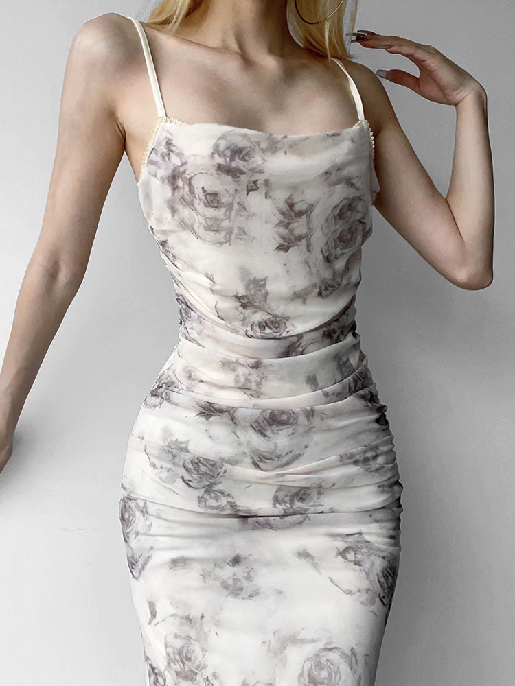 Vintage Fashion Mesh Maxi Dresses Split Party Outfits Print Long Dress ...