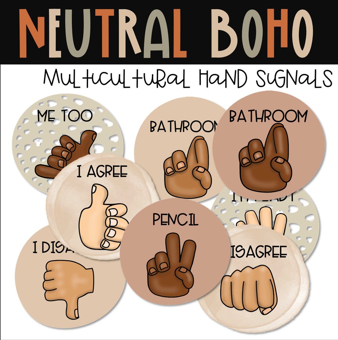 Neutral Boho EDITABLE Multicultural Hand Signals Classroom Decor - Etsy