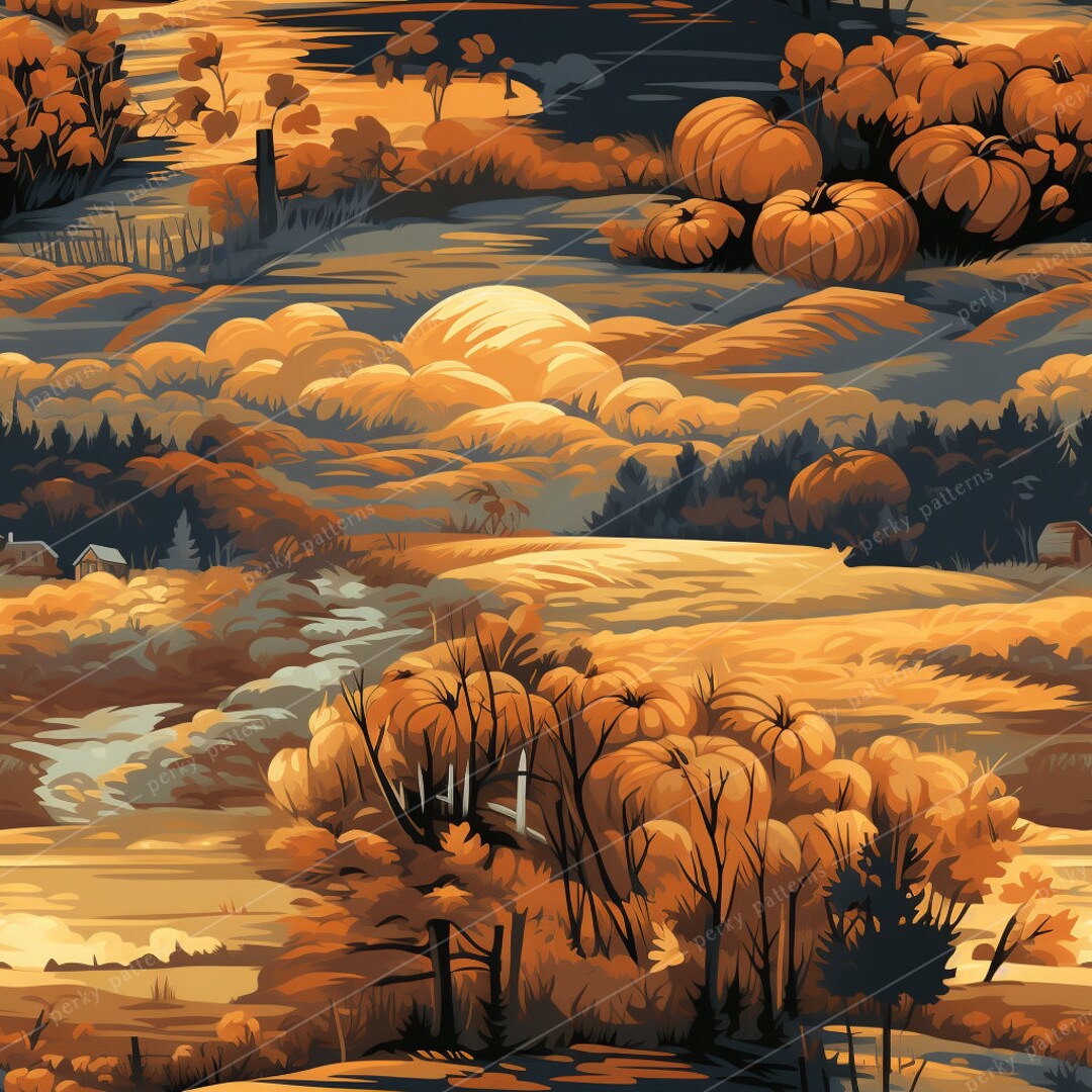 Fall Farmhouse Landscape Digital Pattern Autumn, Hills, Grass, Clouds ...