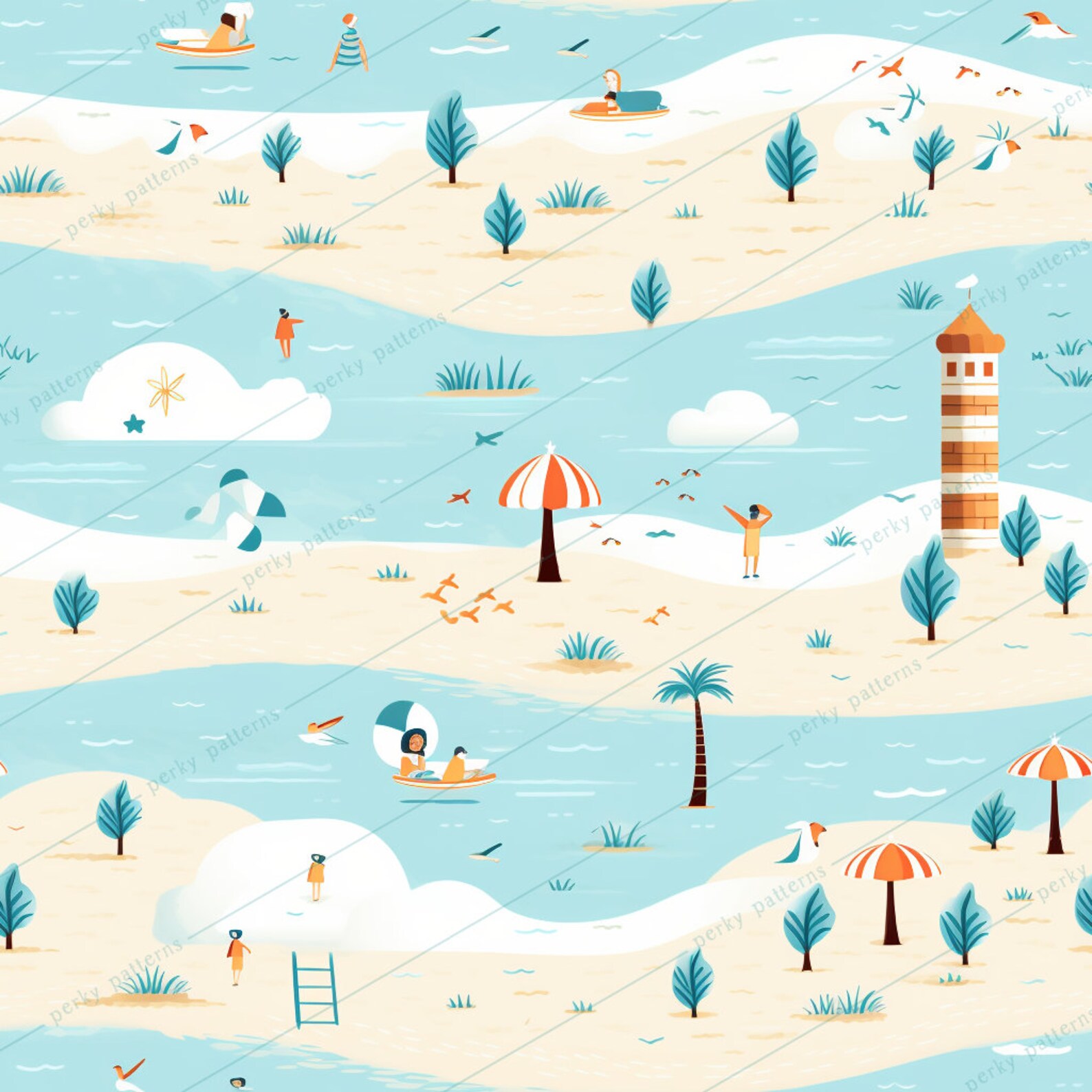 Summer Beach Digital Pattern - Ocean, Waves, Seagulls, Sandcastles - Etsy