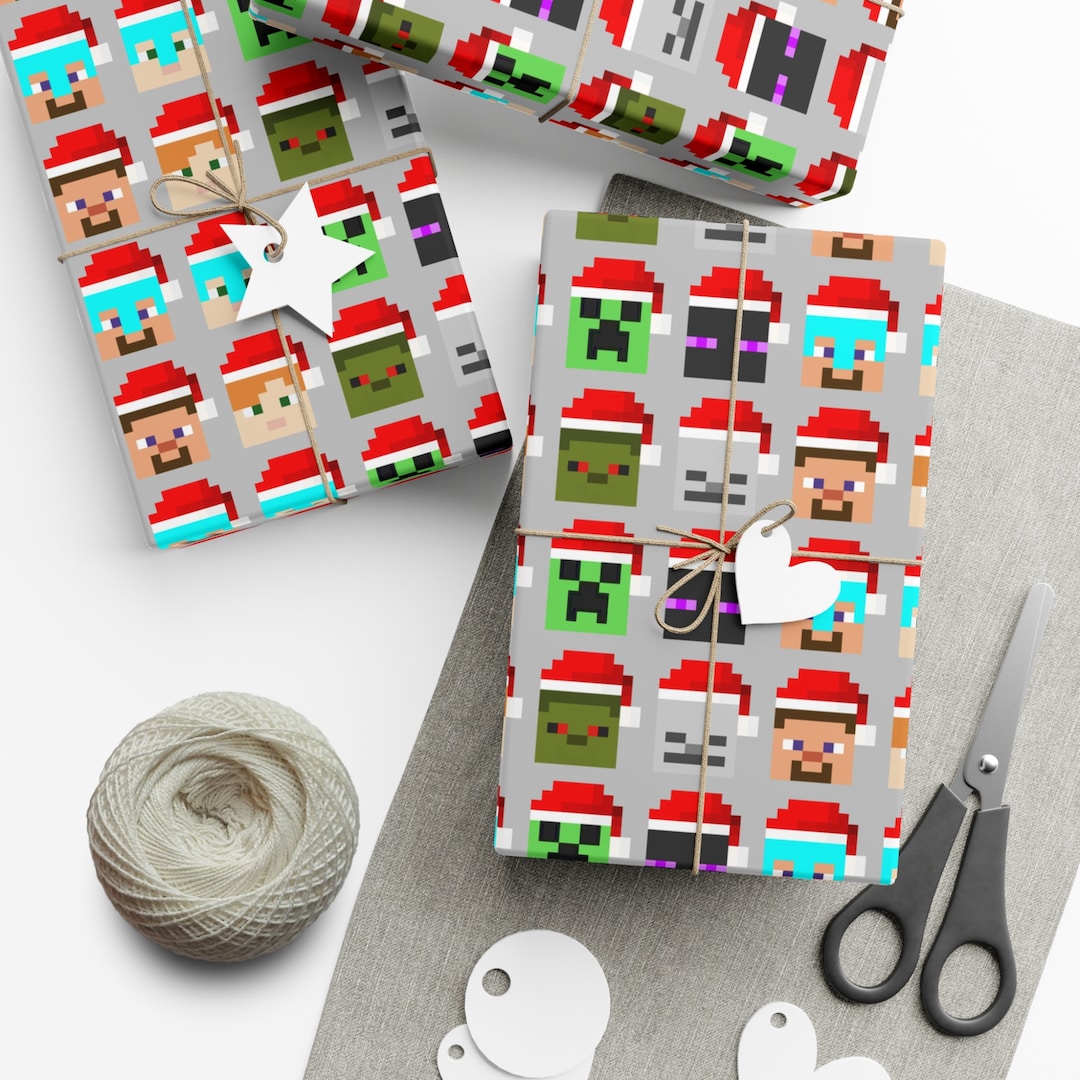 Minecraft Characters in Christmas Hats, Gamer Christmas Gift Wrapping ...