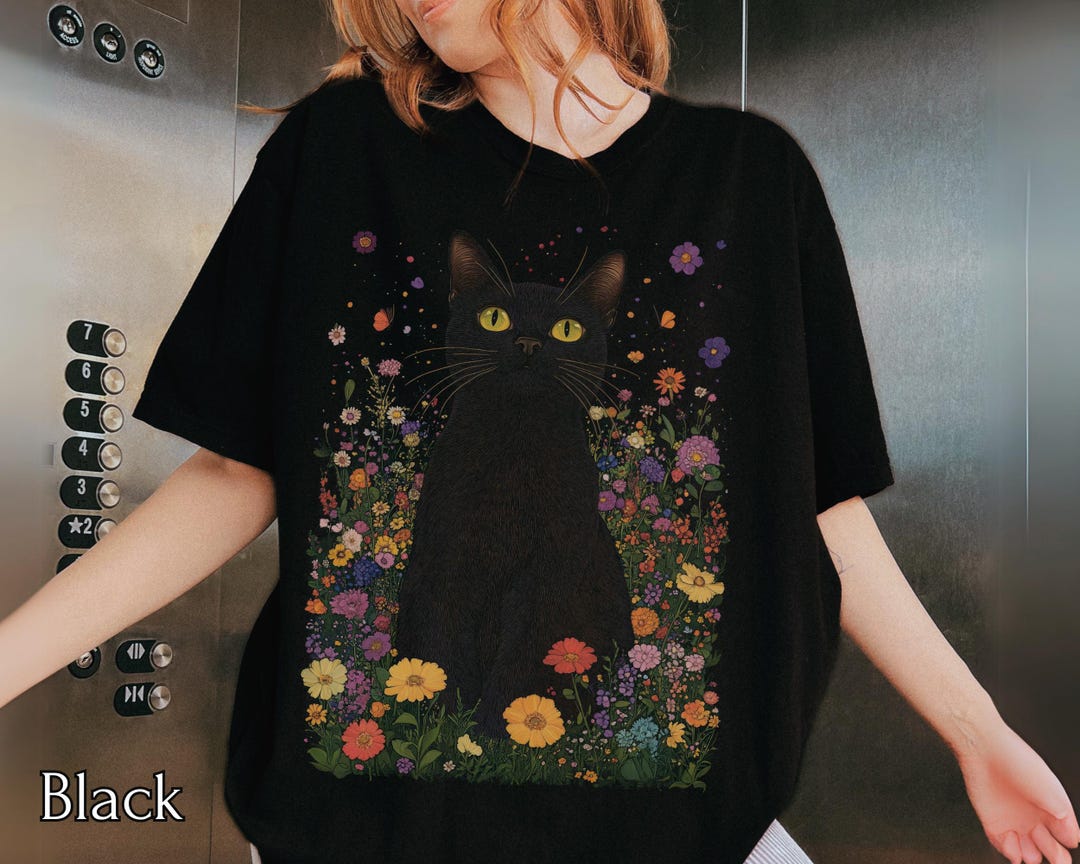 Comfort Colors Black Cat Floral Shirt, Women Cat Lovers Gift, Botanical ...