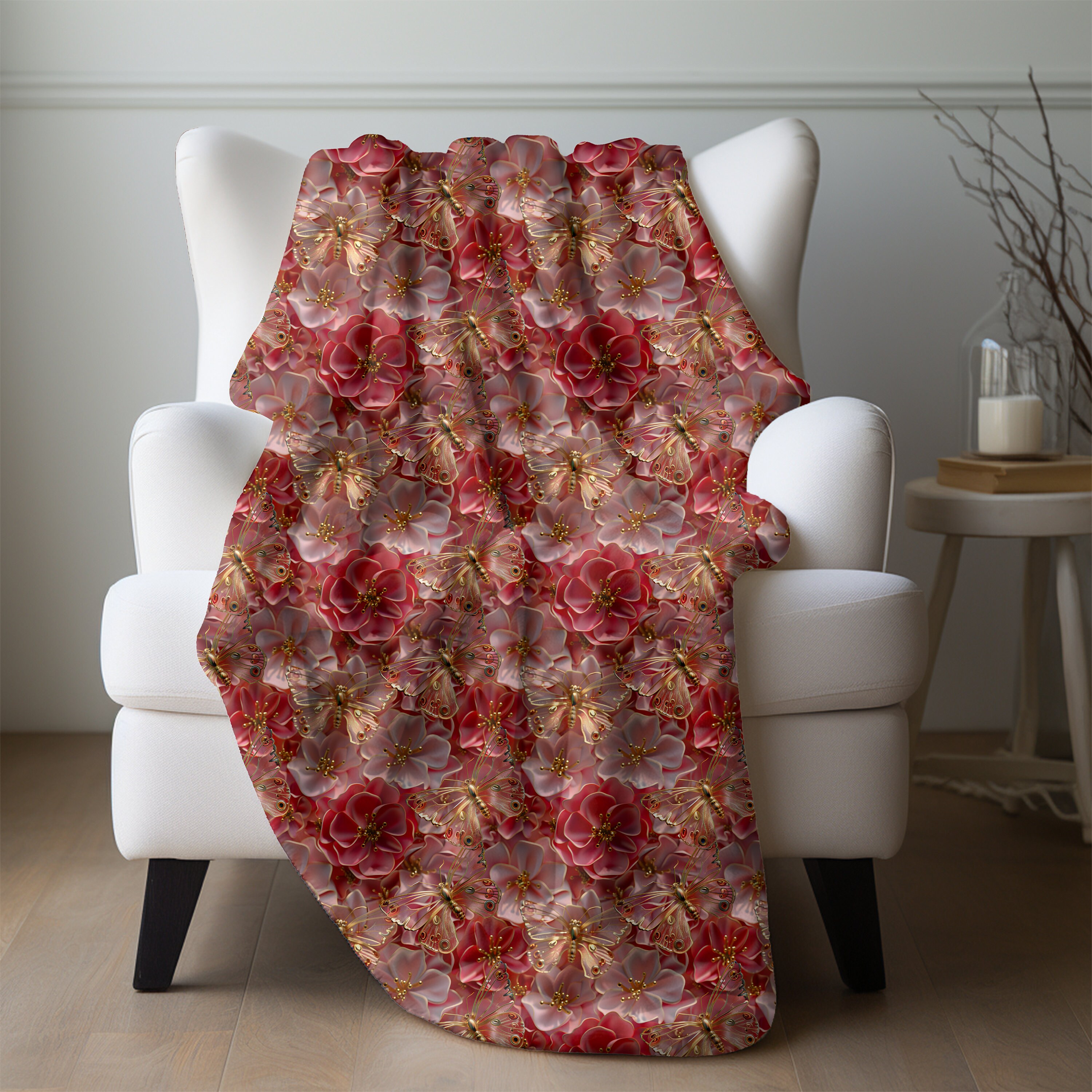 3d Seamless Pattern - Elegant Gold Glass Butterflies on Coral Floral ...