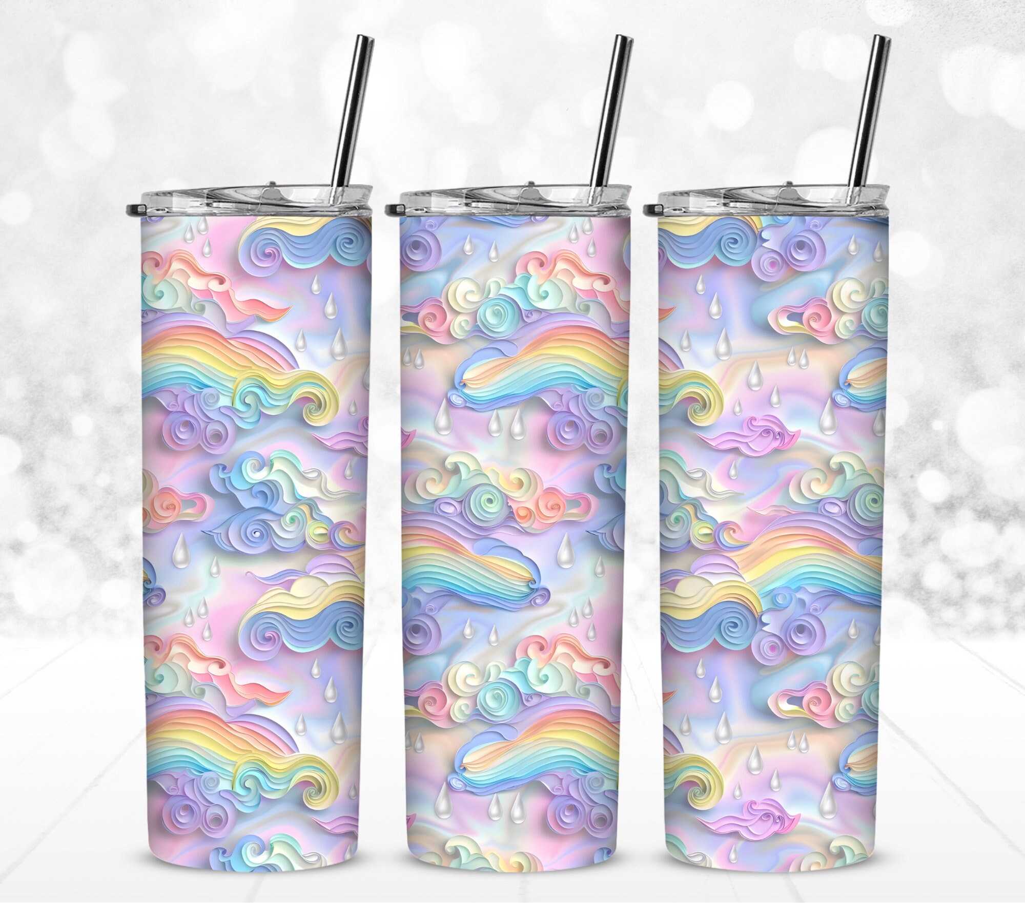 3d Rainbow Pastel Quilled Clouds and Rain Seamless Pattern 300dpi PNG ...