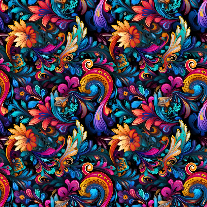 Vibrant Retro Paisley Seamless Digital Pattern - 300dpi PNG - Etsy