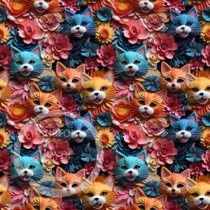 Cute 3d Quilled Cats Seamless Pattern - Sublimation and Print - 300dpi ...