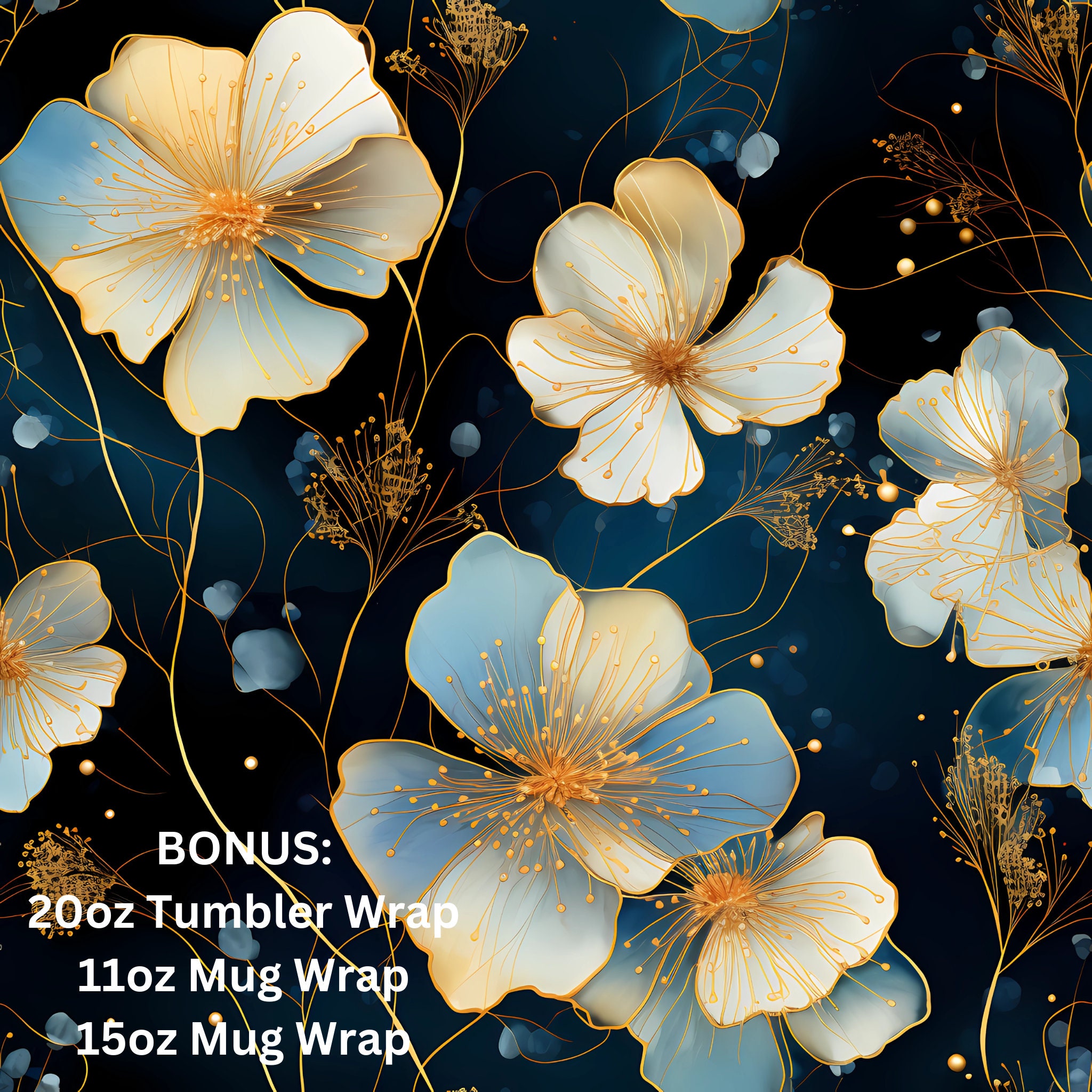 Seamless Pattern Navy, Gold & White Alcohol Ink Floral Sublimation and ...