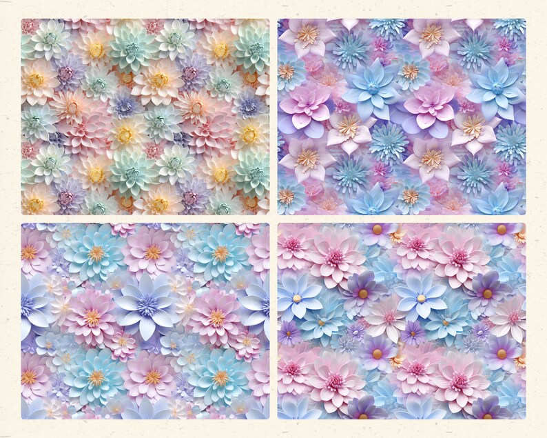 Soft 3d Pastel Flowers Digital Seamless Pattern Bundle for Sublimation ...