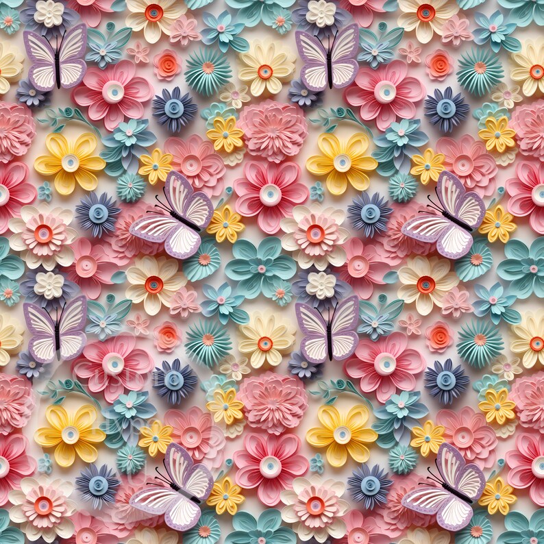 Pastel Flowers and Butterflies - Digital Seamless Pattern - 3d Quilling ...