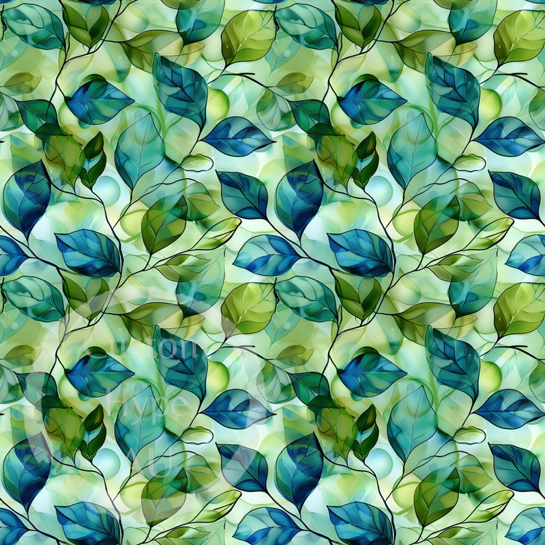 Green-blue Alcohol Ink Leaves Seamless Pattern - Sublimation and Print ...