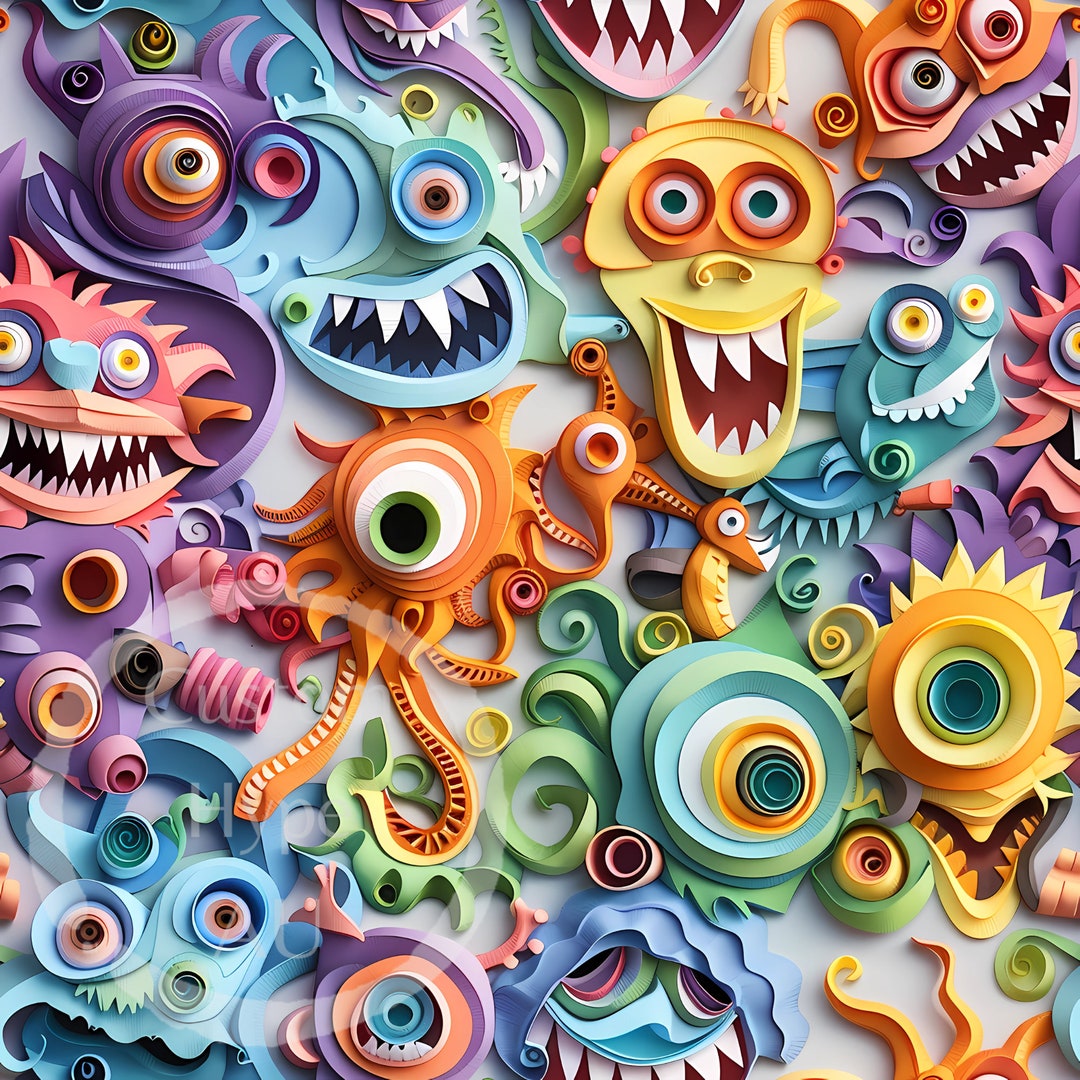 3d Funny Monster Faces Quilled Seamless Pattern 2 - Sublimation and ...