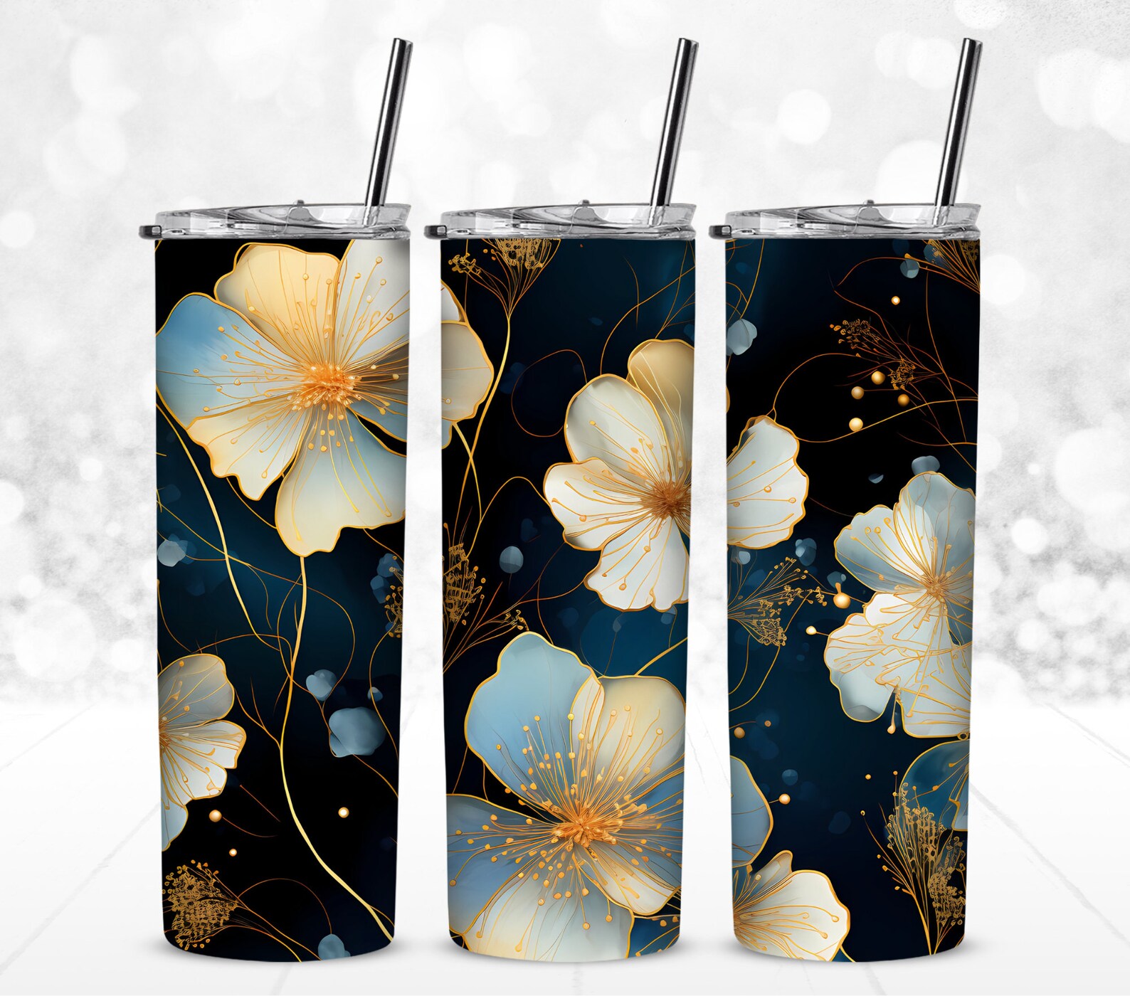 Seamless Pattern Navy, Gold & White Alcohol Ink Floral Sublimation and ...