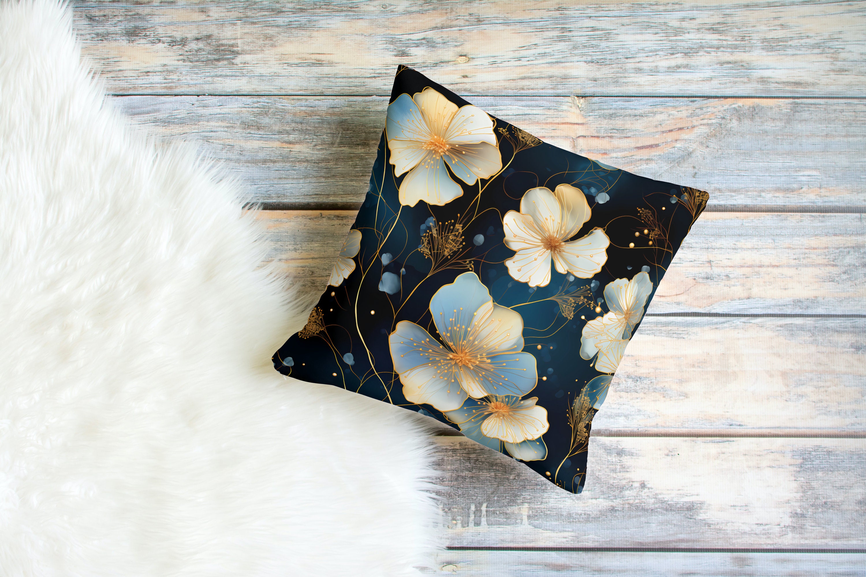 Seamless Pattern Navy, Gold & White Alcohol Ink Floral Sublimation and ...