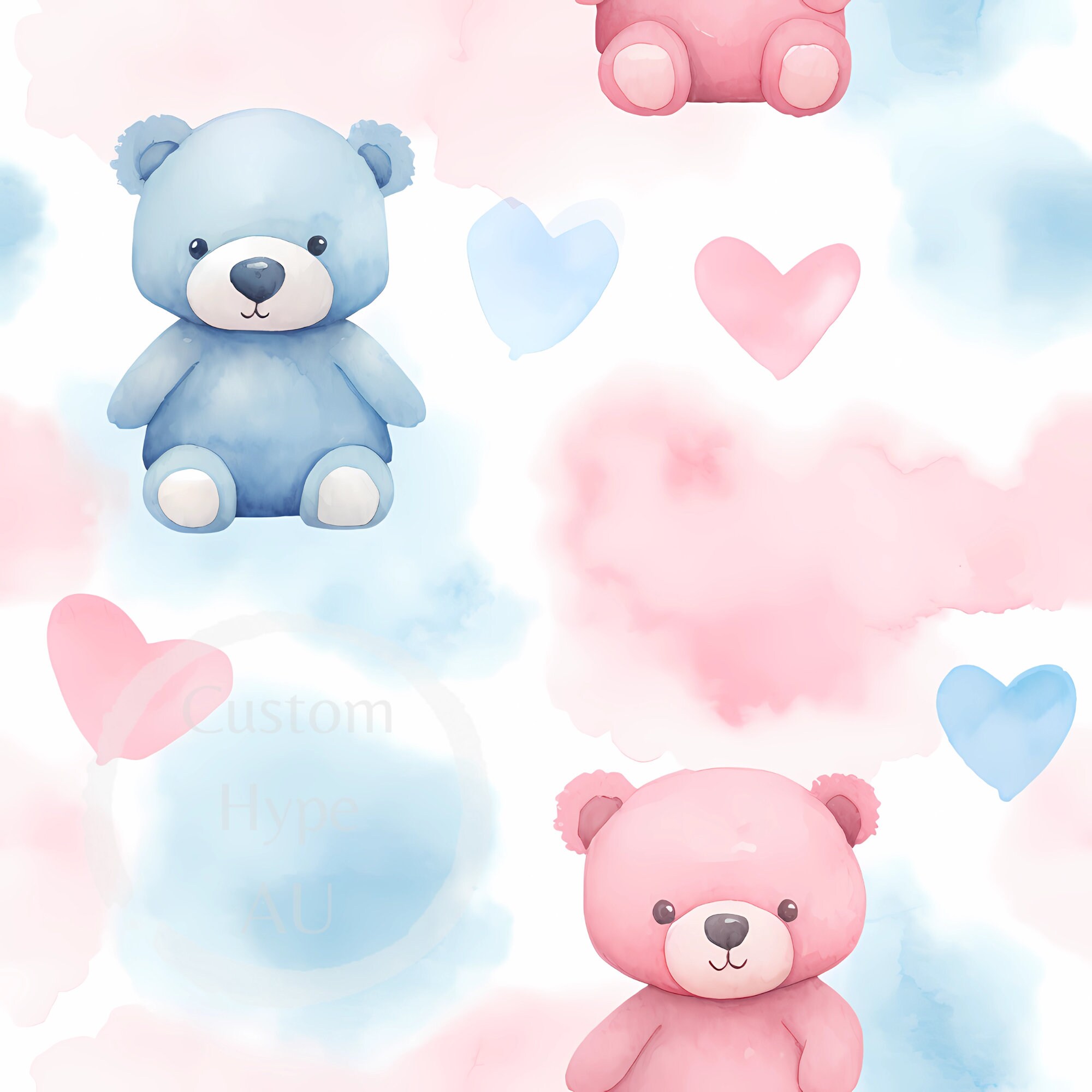 Watercolour Pink & Blue Teddy Bears Seamless Pattern - Sublimation and ...