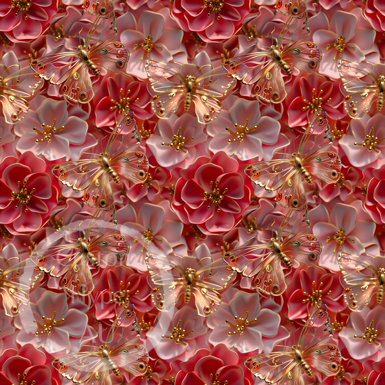 3d Seamless Pattern - Elegant Gold Glass Butterflies on Coral Floral ...