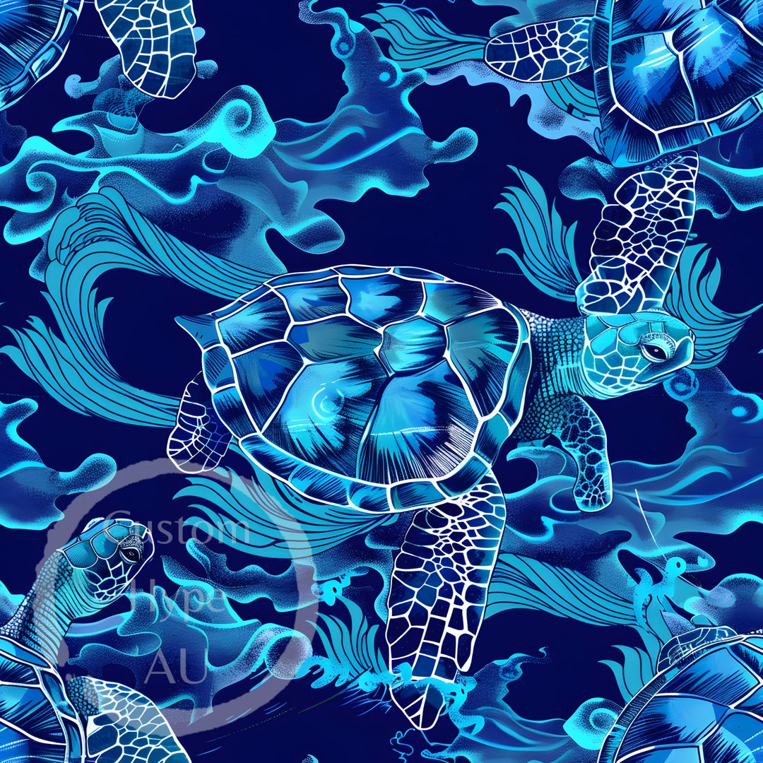 Electric Blue and White Sea Turtles Seamless Pattern - Sublimation and ...