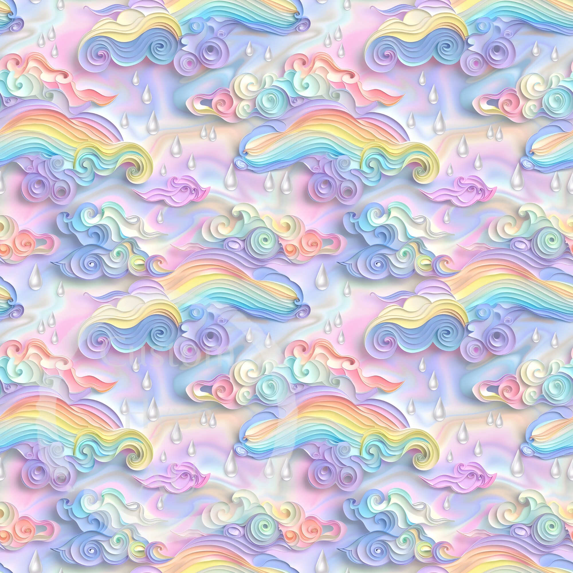 3d Rainbow Pastel Quilled Clouds and Rain Seamless Pattern 300dpi PNG ...