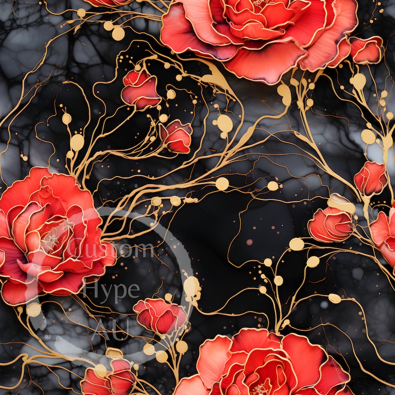 Seamless Pattern - Alcohol Ink Roses in Red and Black - Sublimation and ...