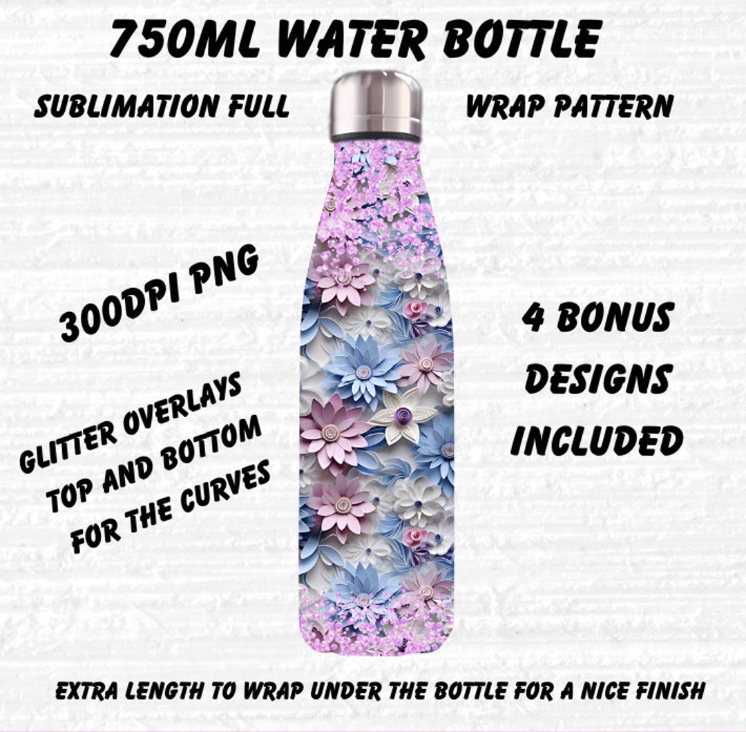 750ml (25oz) Water Bottle Full Wrap for Sublimation - 3d Pastel Floral ...