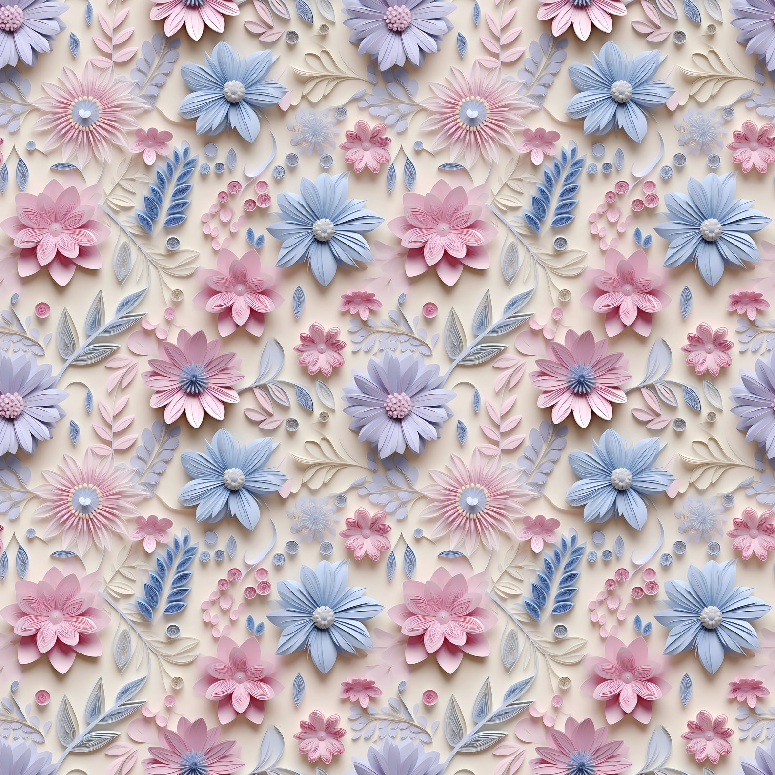 Beautiful 3d Pastel Quilled Flowers - Digital Seamless Pattern - 12"x12 ...