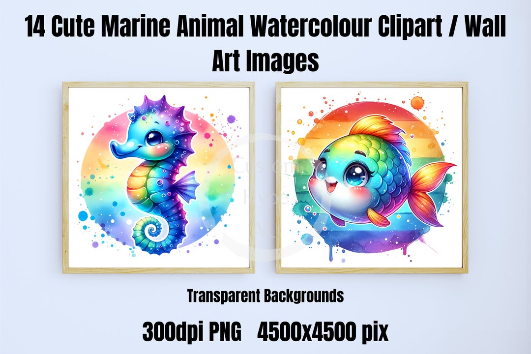 14 Cute Watercolour Marine Animals Clipart/wall Art Bundle - 300dpi PNG ...