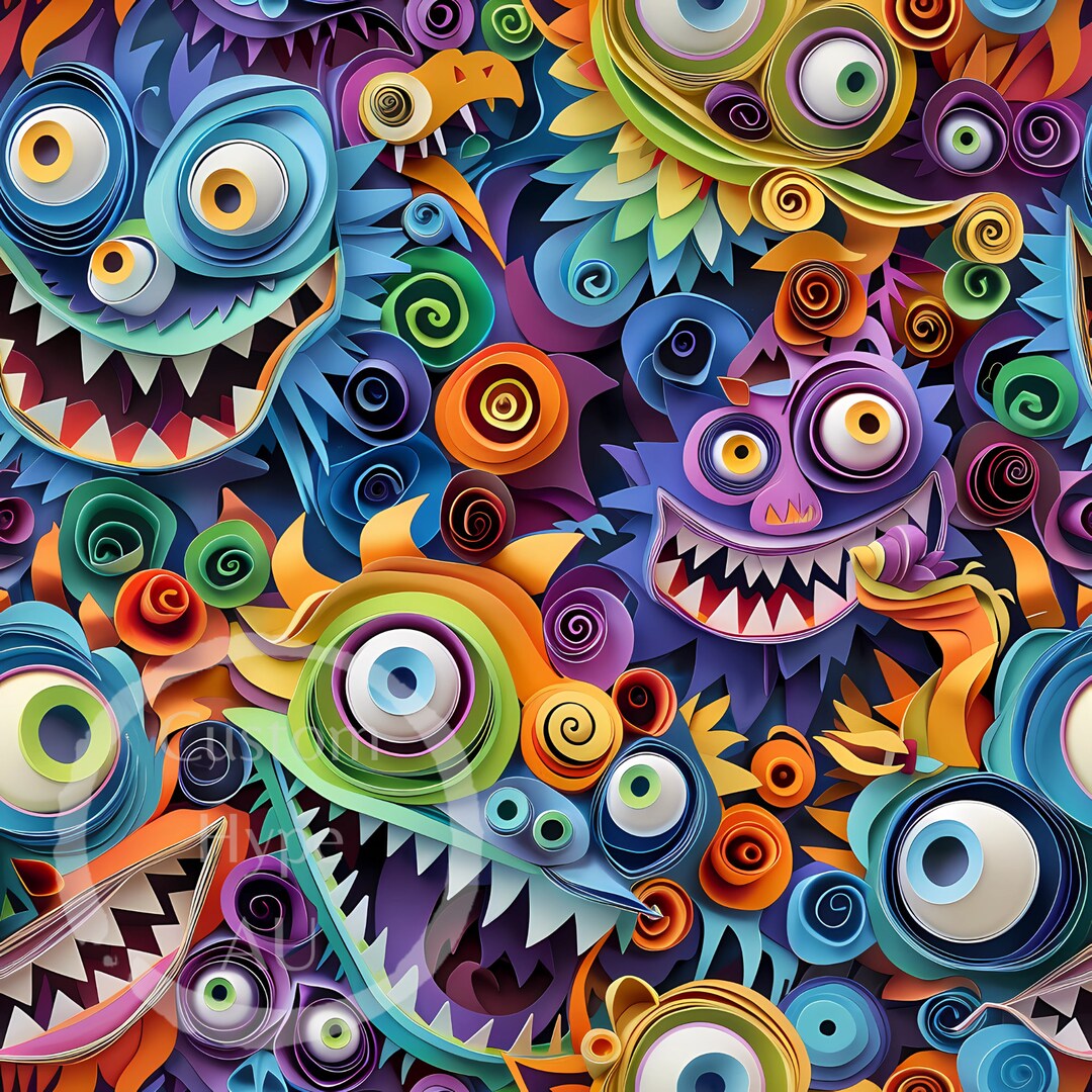 3d Seamless Pattern - Funny Monster Faces Quilled - Sublimation and ...