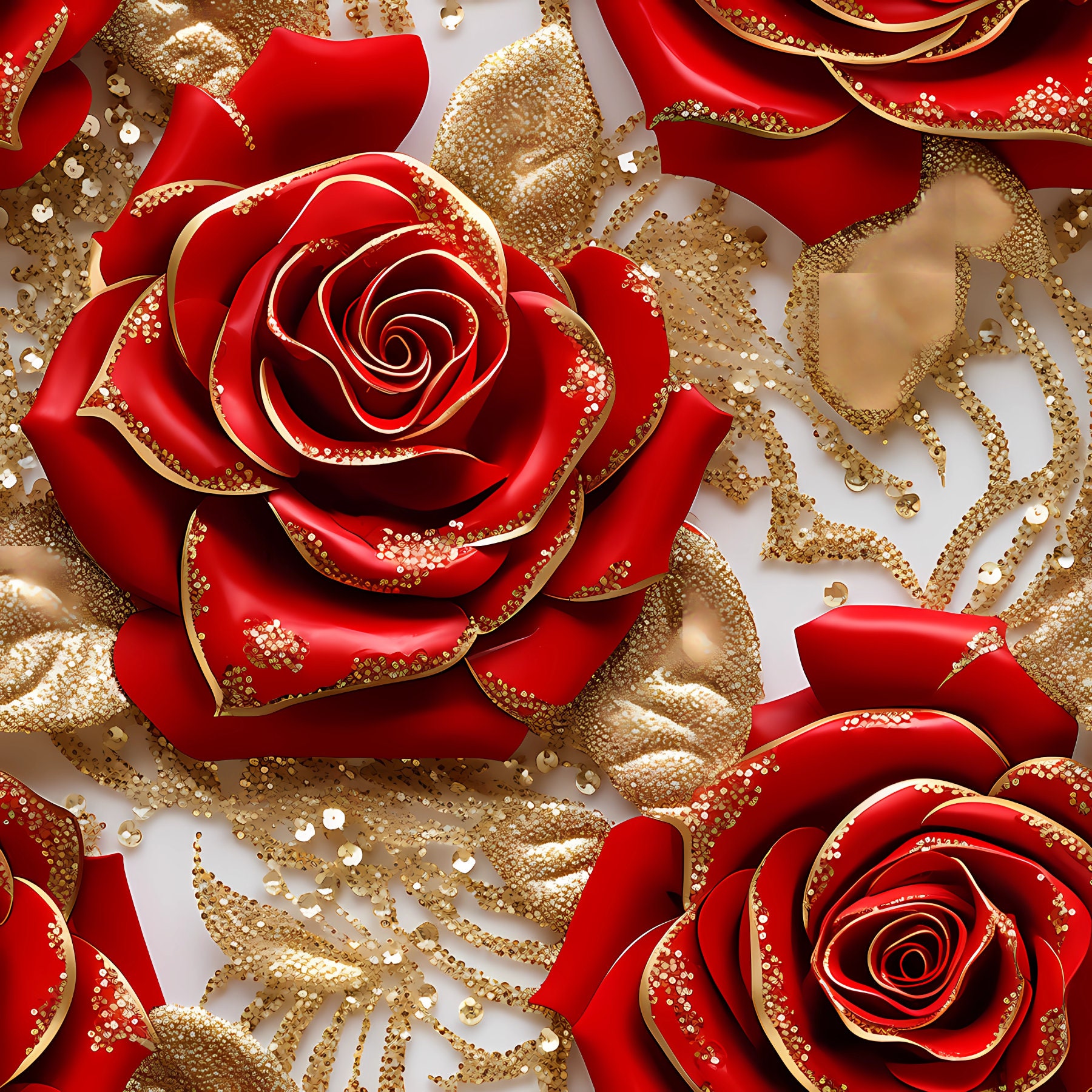 Beautiful 3d Red Roses With Gold Digital Seamless Pattern for ...