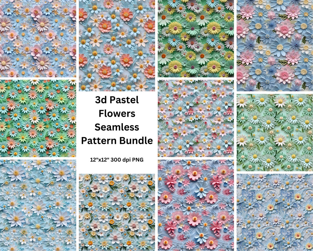 3d Quilled Pastel Flowers Seamless Pattern Bundle for Sublimation and ...