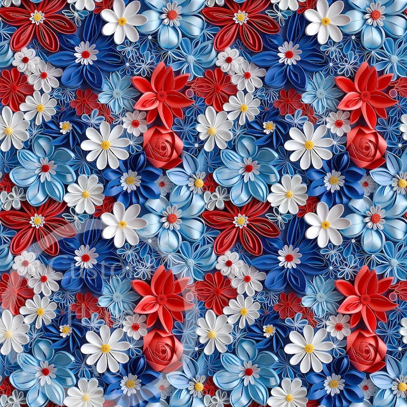 Red, White and Blue 3d Floral Seamless Pattern 2 - Sublimation & Print ...