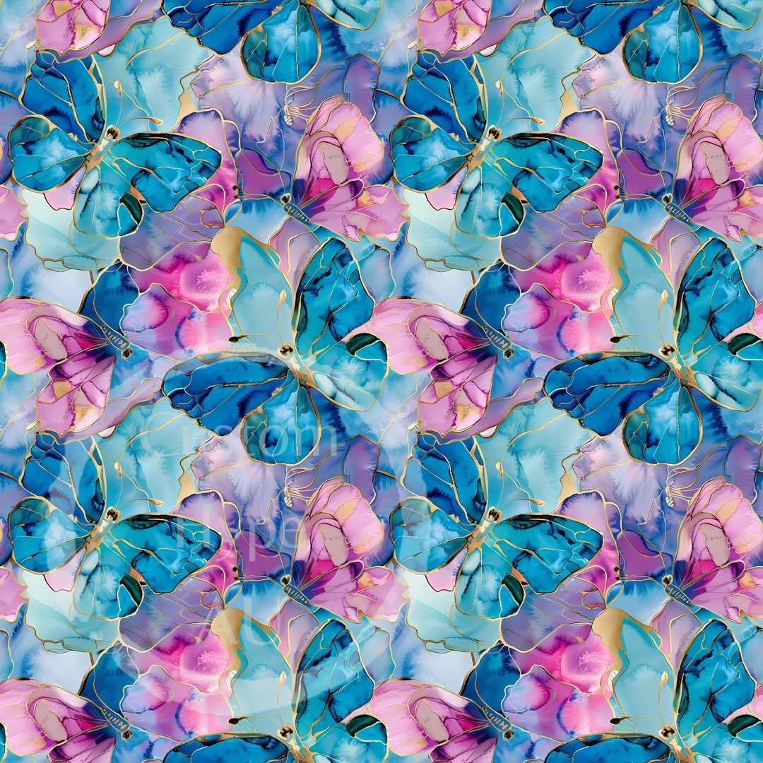 Seamless Pattern - Alcohol Ink Butterflies in Blue & Pink - Sublimation ...
