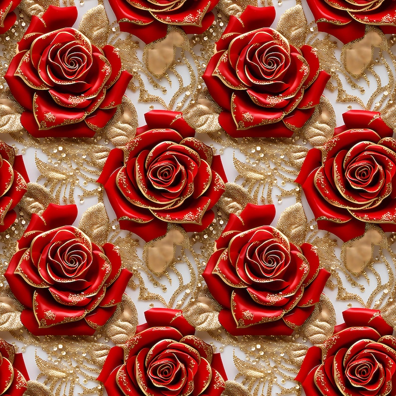 Beautiful 3d Red Roses With Gold Digital Seamless Pattern for ...