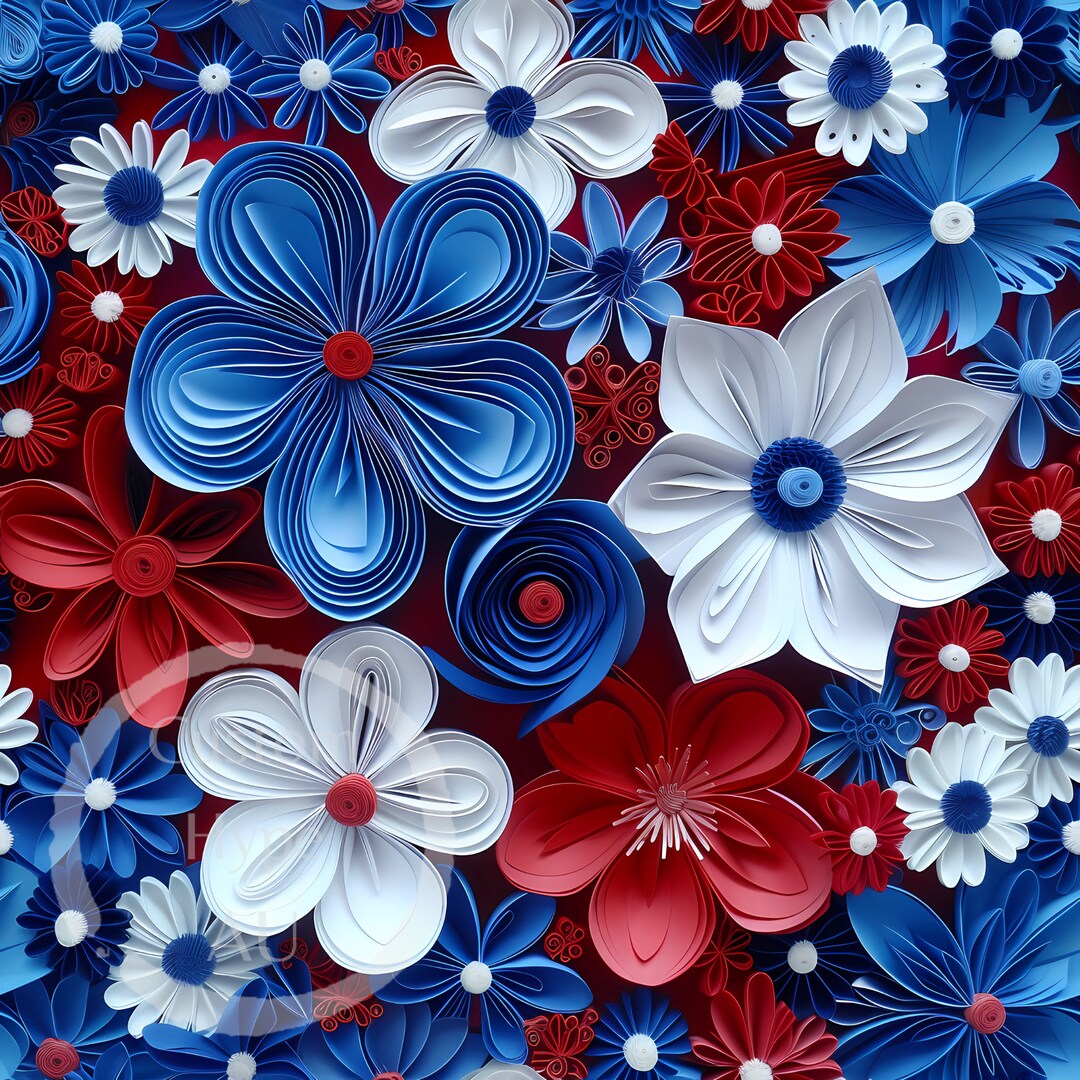 Red, White and Blue 3d Floral Digital Seamless Pattern - Sublimation ...