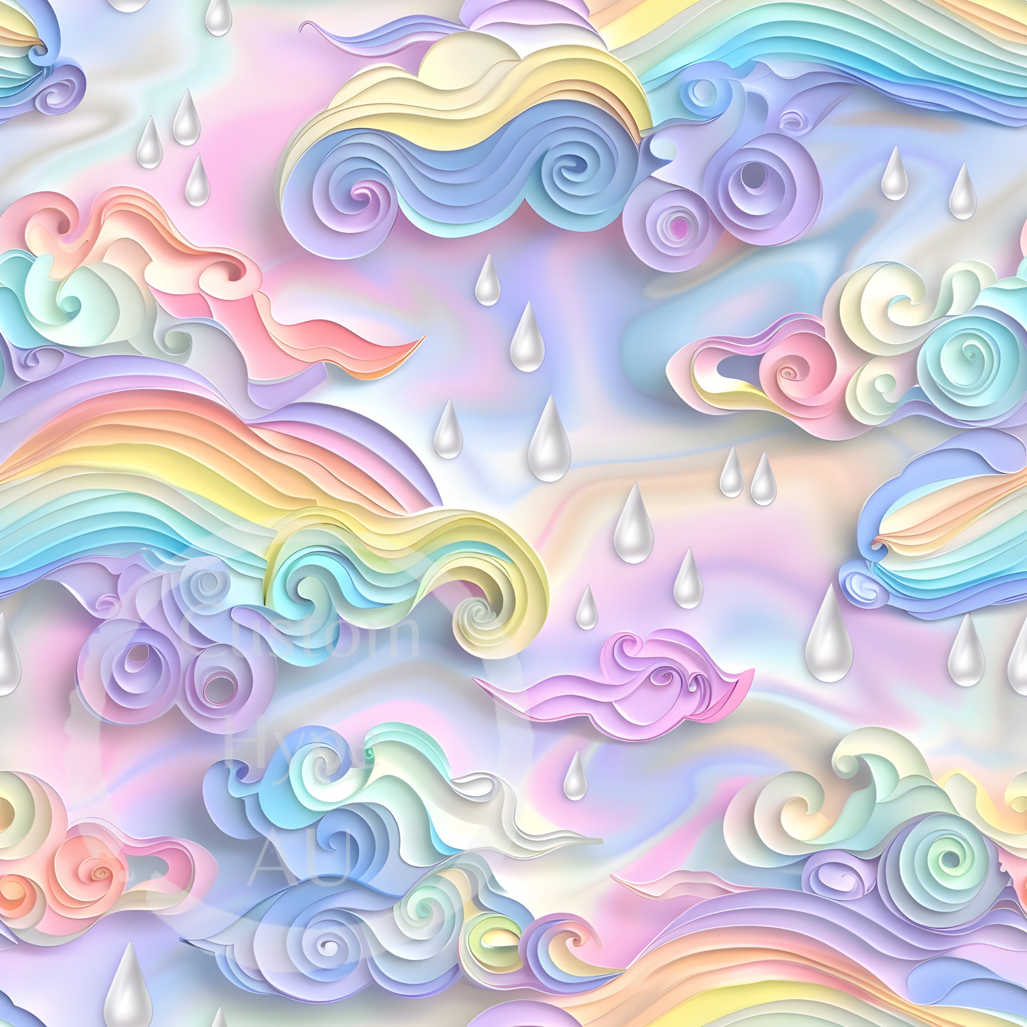 3d Rainbow Pastel Quilled Clouds and Rain Seamless Pattern 300dpi PNG ...