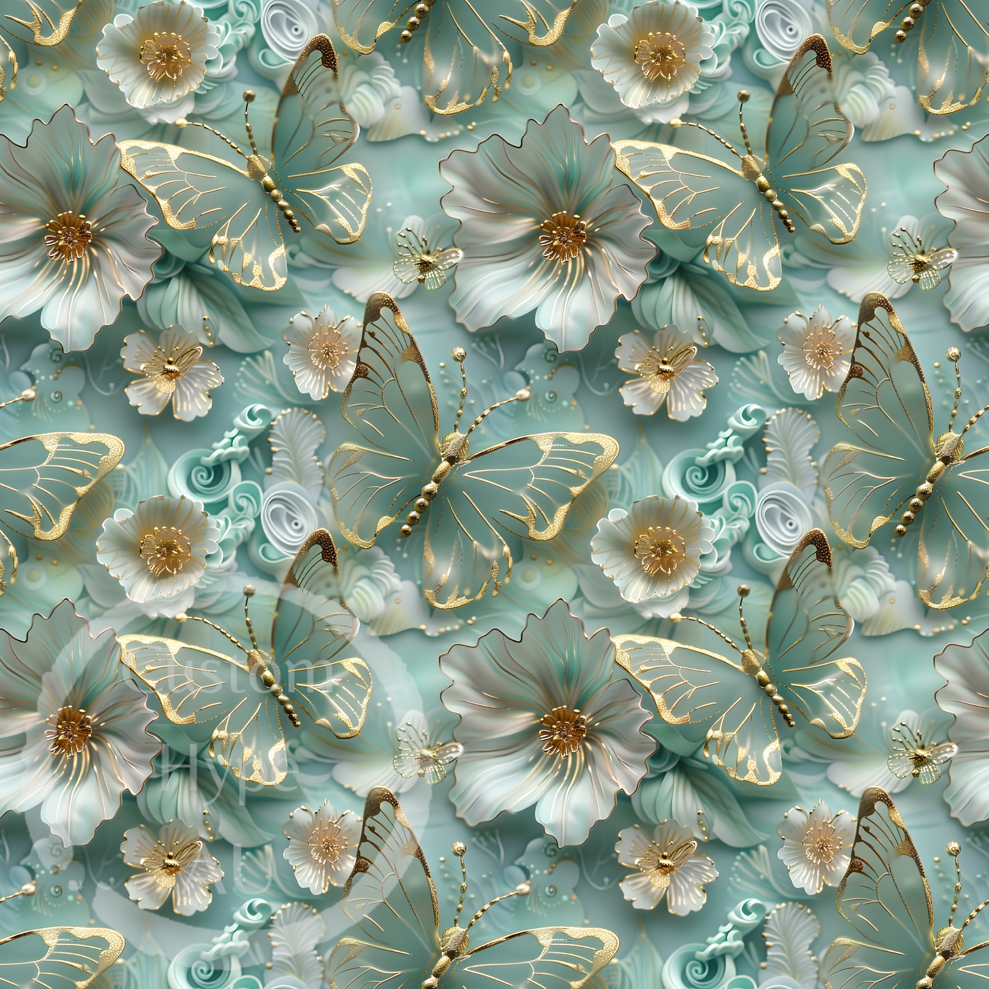 Elegant 3d Gold Butterflies on Mint Floral Seamless Pattern ...